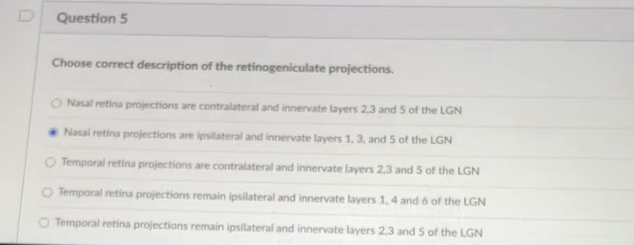 Solved Choose correct description of the retinogeniculate | Chegg.com