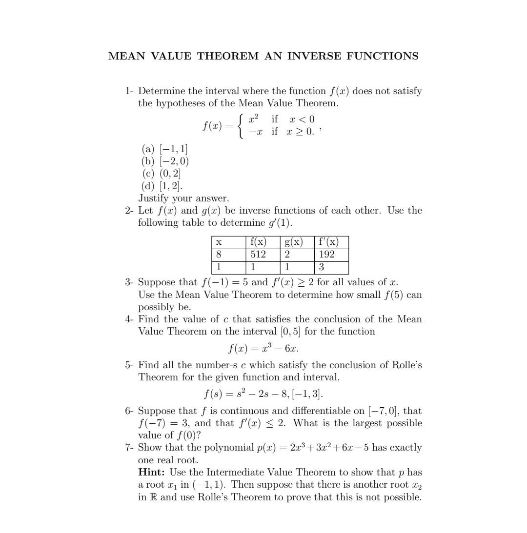 Solved MEAN VALUE THEOREM AN INVERSE FUNCTIONS 1- Determine | Chegg.com