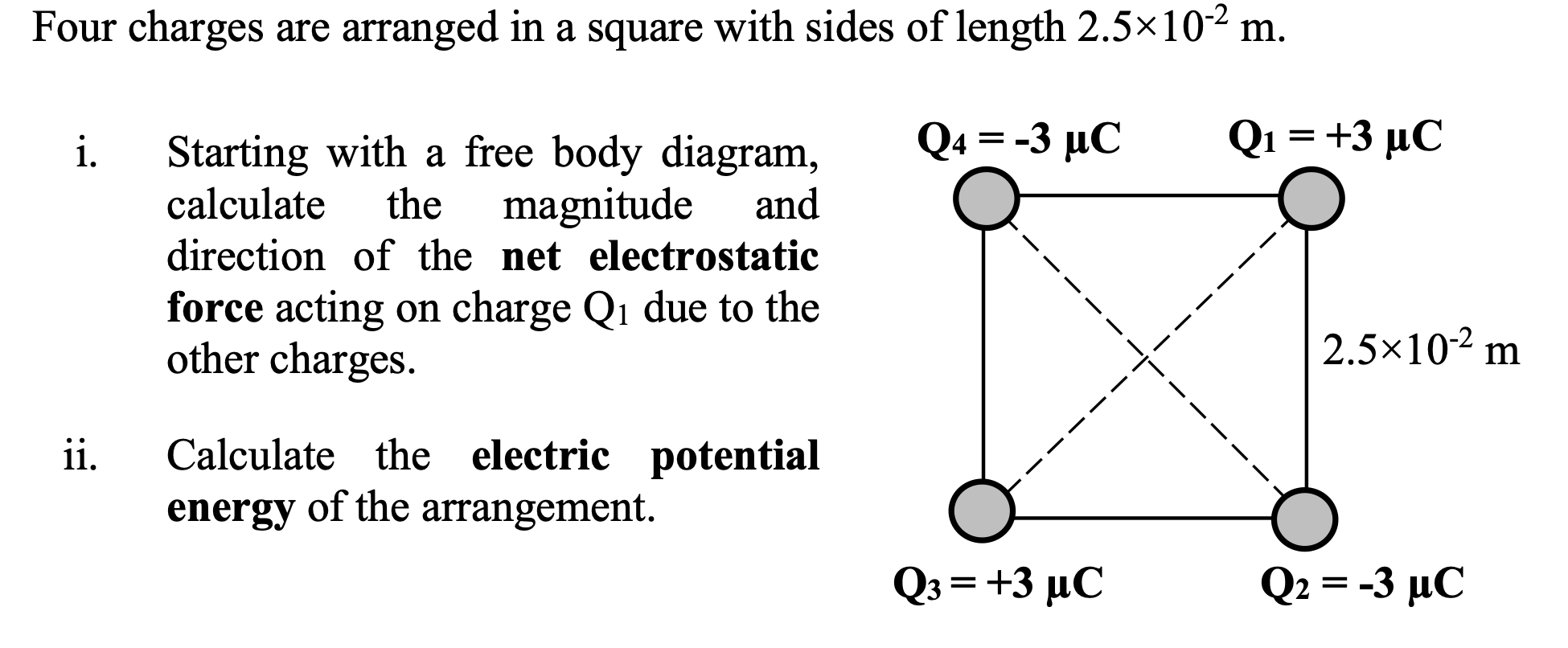 Solved Four charges are arranged in a square with sides of | Chegg.com