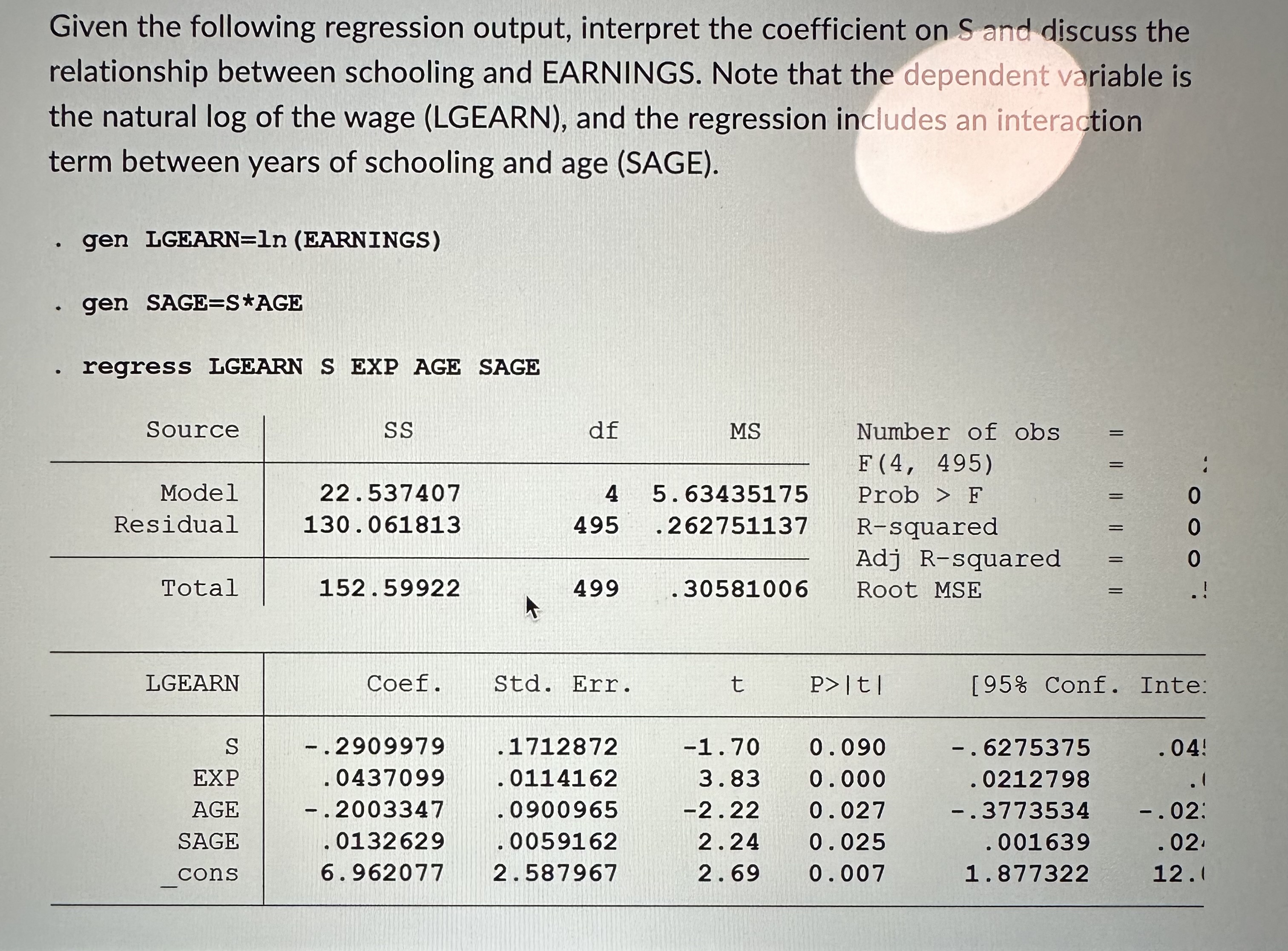 Given the following regression output, interpret the | Chegg.com