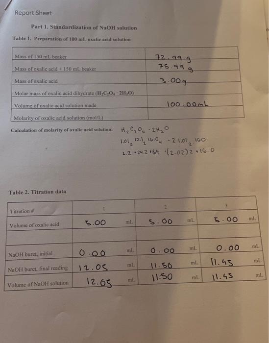 Part 1. Standardization of NaOH solution Table 1. | Chegg.com