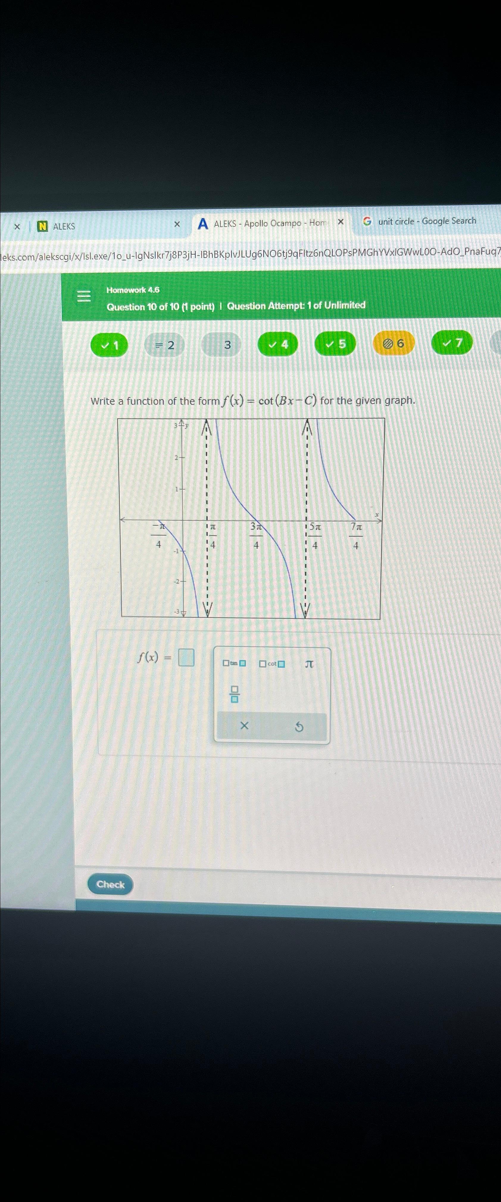 Solved write a funtion of the form f(x)=cot(Bx-C) ﻿for the | Chegg.com