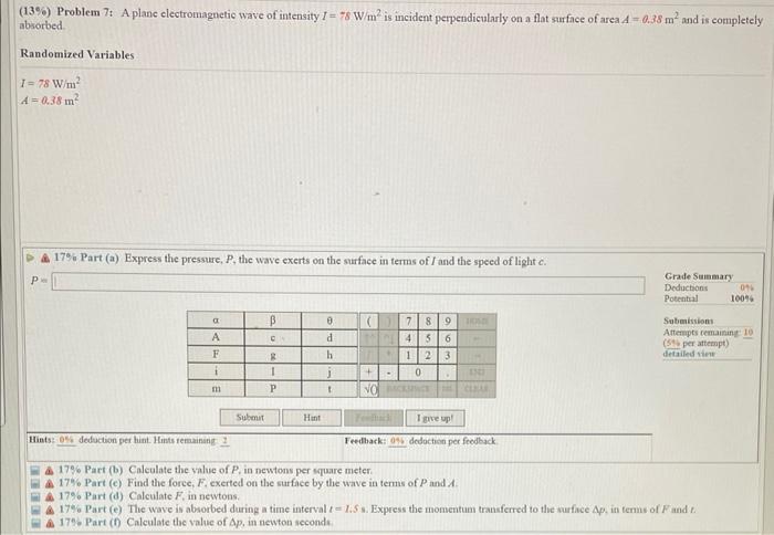 Solved (13\%) Problem 7: A plane electromagnetic wave of | Chegg.com