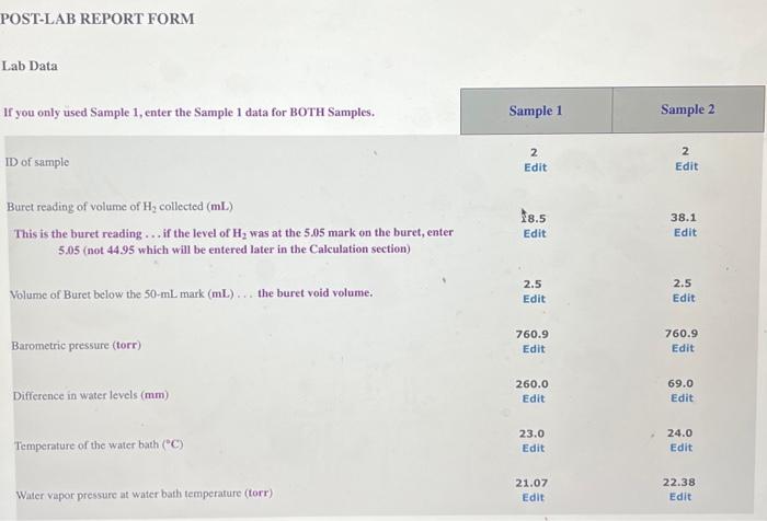 Solved POST-LAB REPORT FORM Lab Data If you only used Sample | Chegg.com