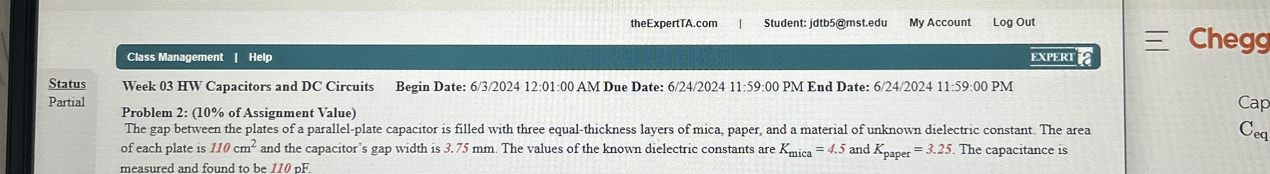 Solved theExpertTA.comStudent: jdtb5@mst.eduMy AccountLog | Chegg.com