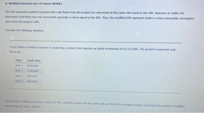 Solved 4. Modified internal rate of return (MIRR) The IRR | Chegg.com