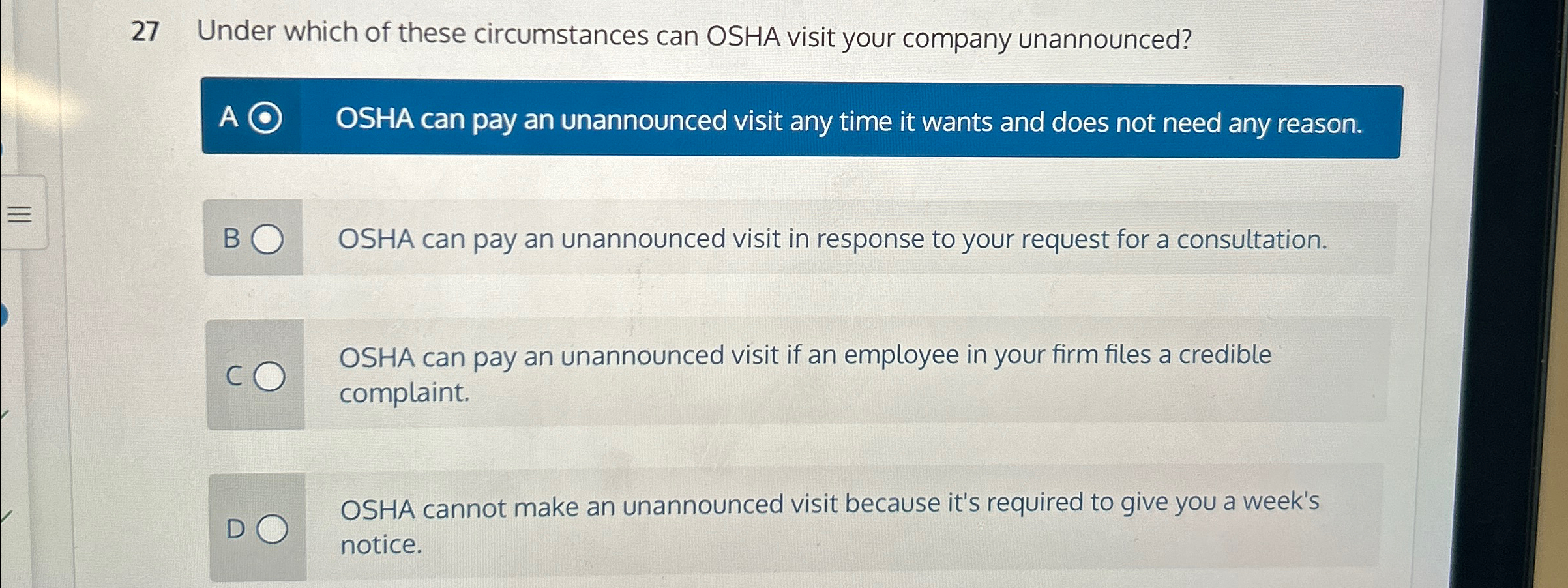 Solved 27 ﻿Under which of these circumstances can OSHA visit | Chegg.com