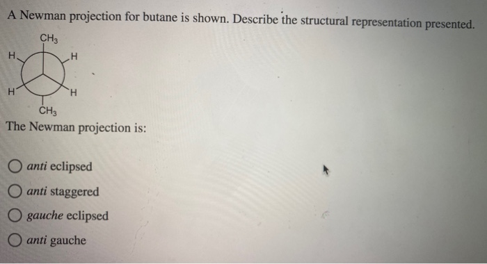 Solved A Newman projection for butane is shown. Describe the | Chegg.com