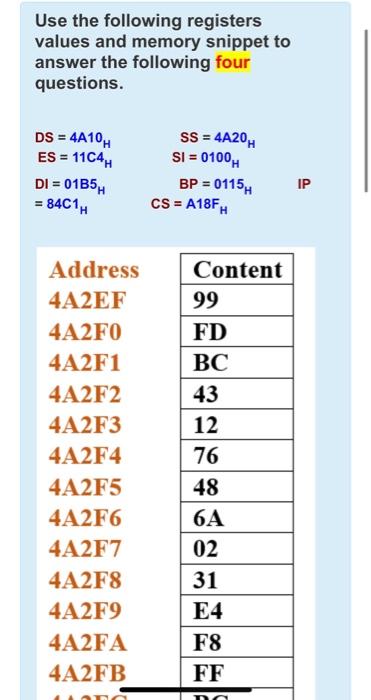 Solved Use the following registers values and memory snippet | Chegg.com