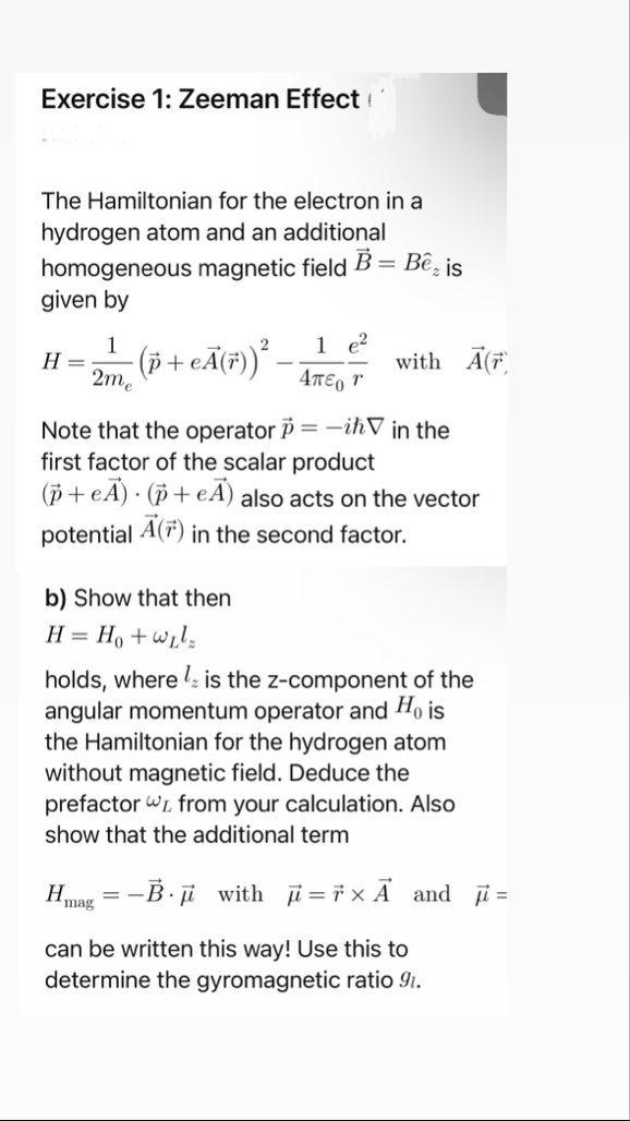 Solved Exercise 1: Zeeman EffectThe Hamiltonian for the | Chegg.com