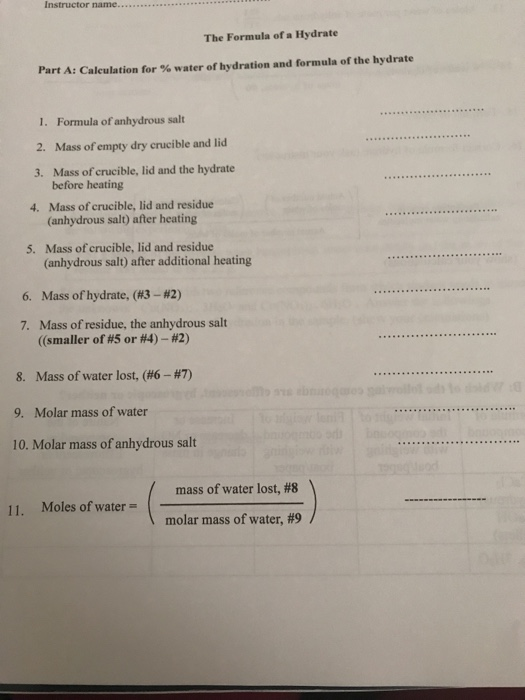 Instructor name.. The Formula of a Hydrate Part A: | Chegg.com