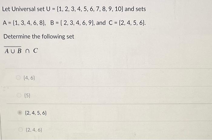 Solved Let Universal set U = {1, 2, 3, 4, 5, 6, 7, 8, 9, 10) | Chegg.com