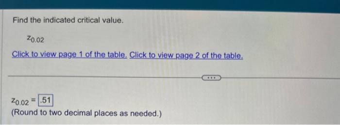 Solved Find the indicated critical value. z0.02 Click to | Chegg.com