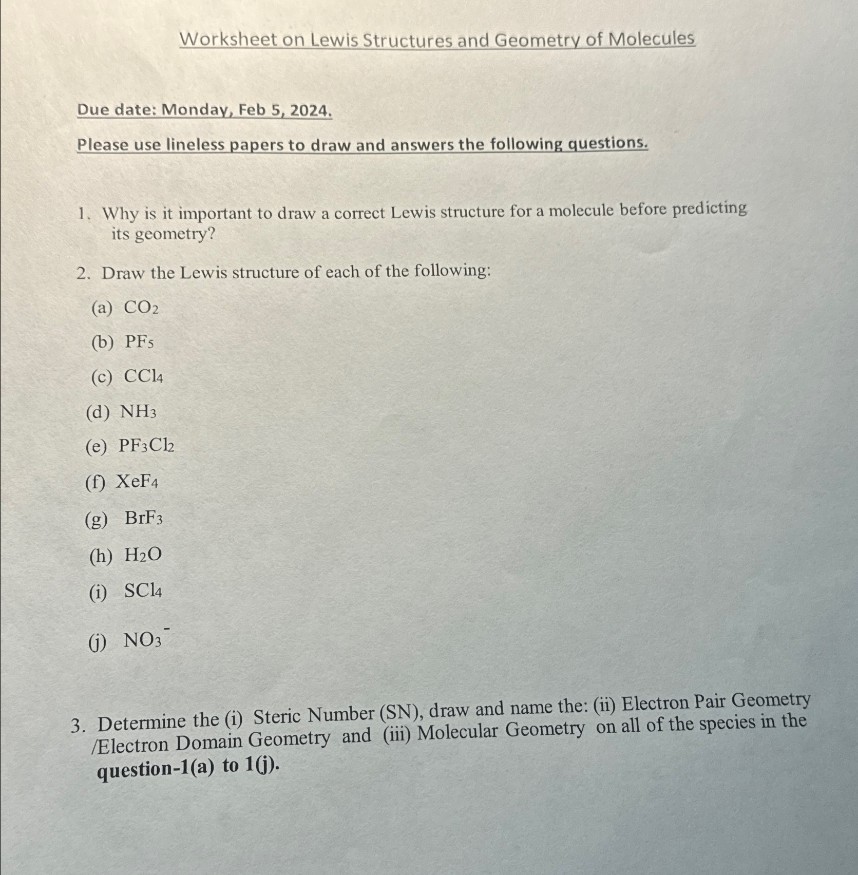 Solved Worksheet on Lewis Structures and Geometry of | Chegg.com