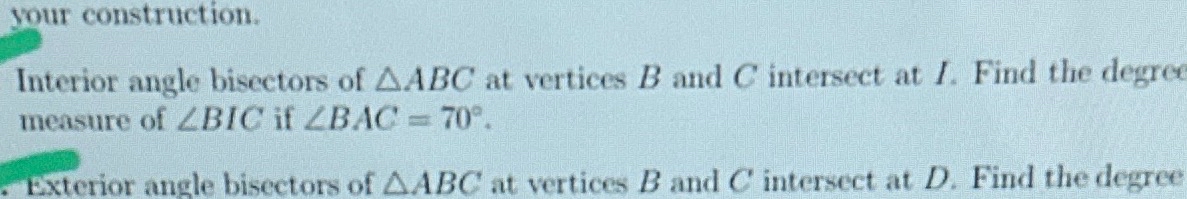Solved Interior angle bisectors of ????ABC ﻿at vertices B | Chegg.com