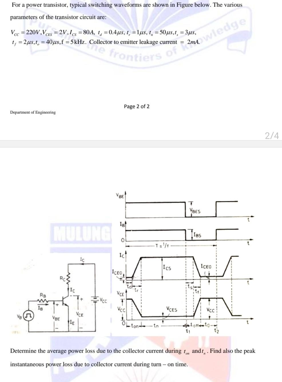 Solved For a power transistor, typical switching waveforms | Chegg.com