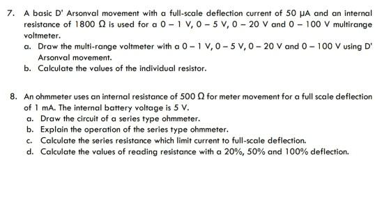 Solved 7. A basic D' Arsonval movement with a full-scale | Chegg.com