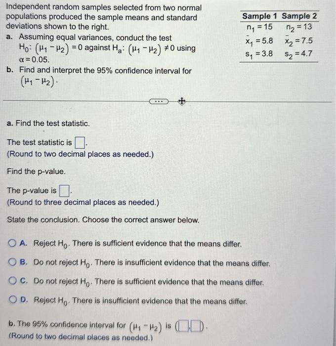 Solved Independent random samples selected from two normal | Chegg.com