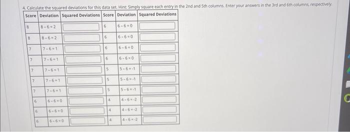 Solved 4. Calculate the squared deviations for this data | Chegg.com