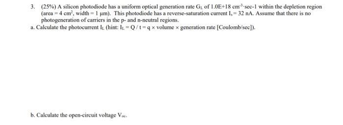 Solved 3. (25%) A silicon photodiode has a uniform optical | Chegg.com