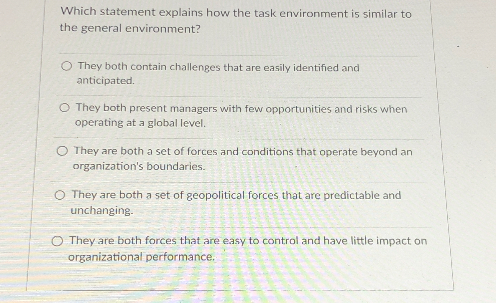 Solved Which statement explains how the task environment is | Chegg.com