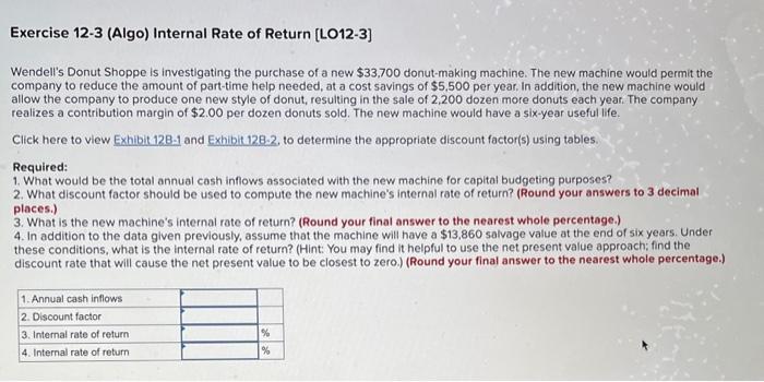 Solved Exercise 12-3 (Algo) Internal Rate of Return [LO12-3] | Chegg.com
