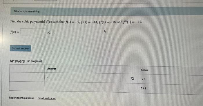 Solved 10 attempts remaining Find the cubic polynomial f(x) | Chegg.com