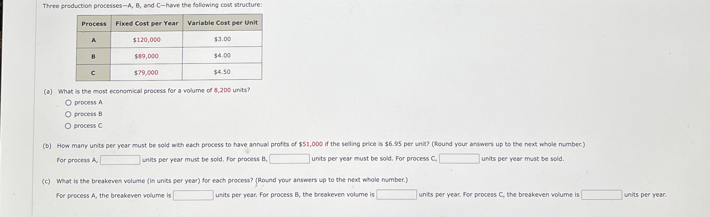 Solved Three production processes -A,B, ﻿and C- ﻿have the | Chegg.com