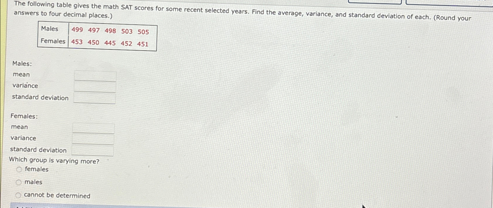 Solved The following table gives the math SAT scores for | Chegg.com