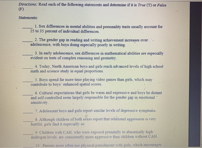 Solved Directions: Read each of the following statements and | Chegg.com