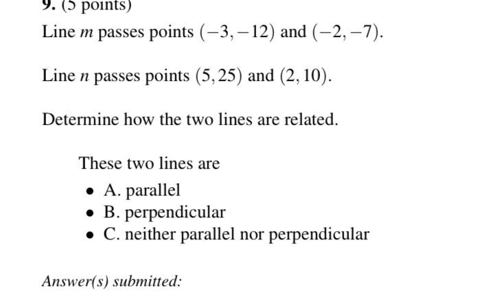 Solved Line m passes points (−3,−12) and (−2,−7). Line n | Chegg.com