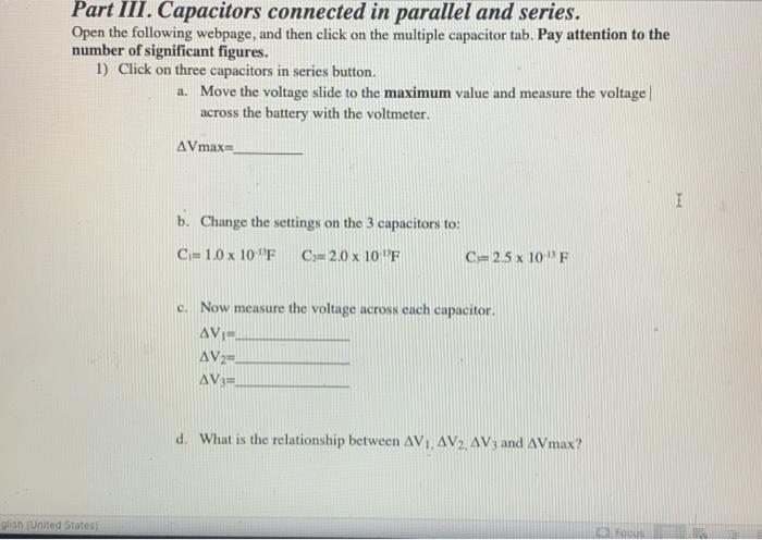 Solved Part III. Capacitors connected in parallel and | Chegg.com