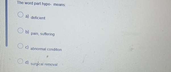 Solved The word part hypo- ﻿means:a) ﻿deficientb) ﻿pain, | Chegg.com