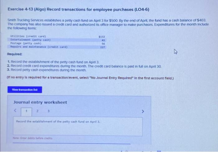 Solved Exercise 4-13 (Algo) Record transactions for employee | Chegg.com Solved Exercise 4-13 (Algo) Record transactions for employee | Chegg.com