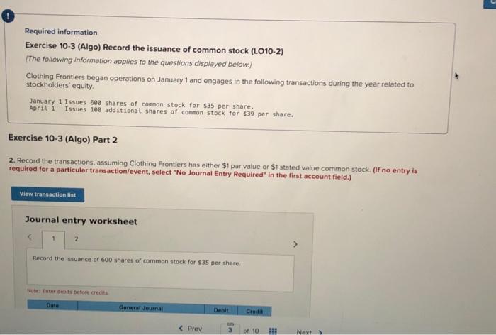 Solved Required information Exercise 10-3 (Algo) Record the | Chegg.com