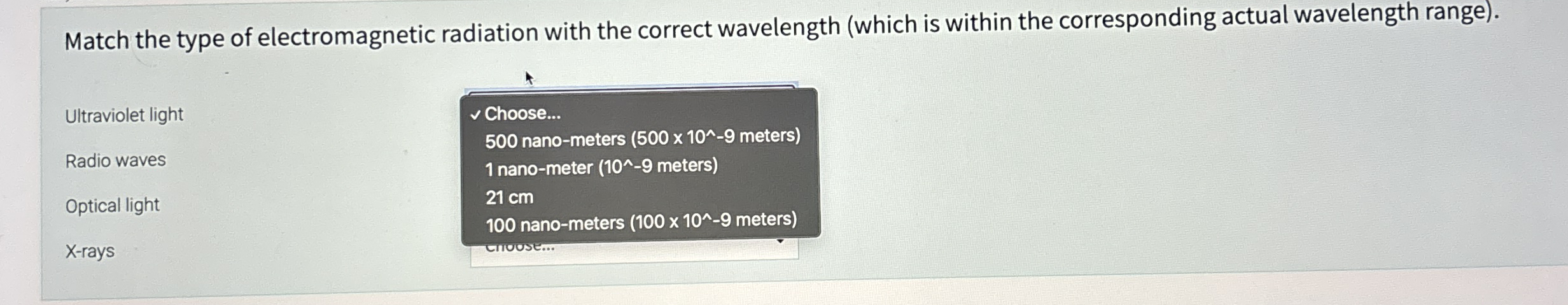 Solved Match the type of electromagnetic radiation with the | Chegg.com