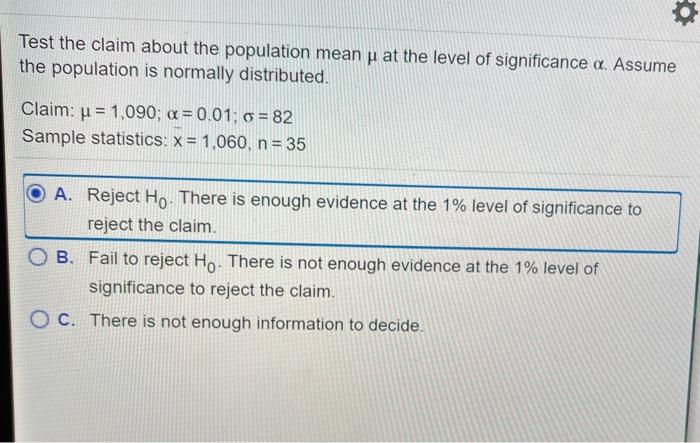 Solved Test the claim about the population mean p at the | Chegg.com