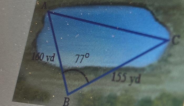 Solved Find the distance across the lake from A to C to the | Chegg.com