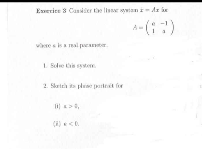 Solved Exercice 3 Consider the linear system i = Ax for 1- | Chegg.com Solved Exercice 3 Consider the linear system i = Ax for 1- | Chegg.com