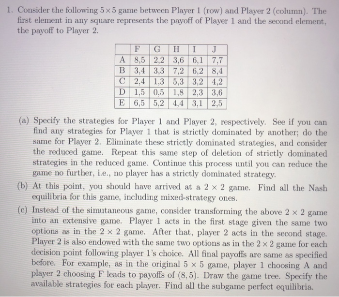 Solved 1. Consider the following 5 x 5 game between Player 1 | Chegg.com