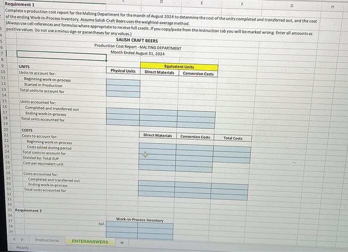 Solved Process Costing Using Excel to prepare a production | Chegg.com