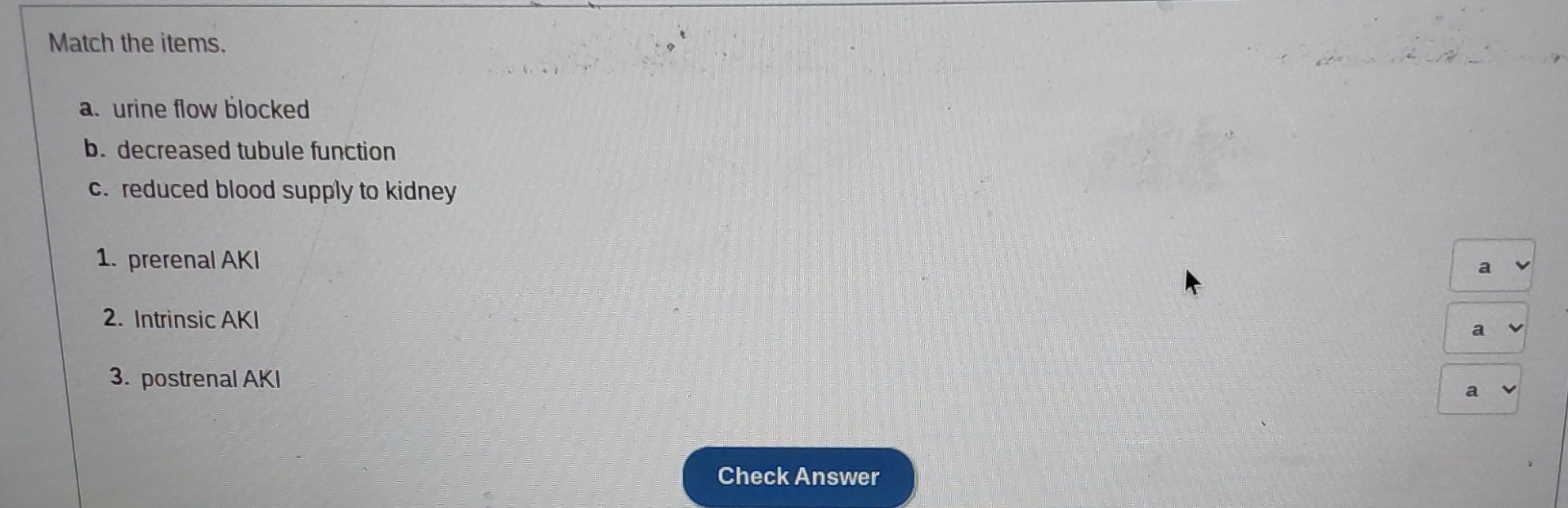 Solved Match the items.a. ﻿urine flow blockedb. ﻿decreased | Chegg.com