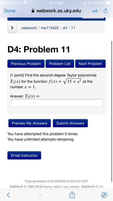 Solved S Search Done 8:47 AM @ 10.187% E webwork.as.uky.edu | Chegg.com