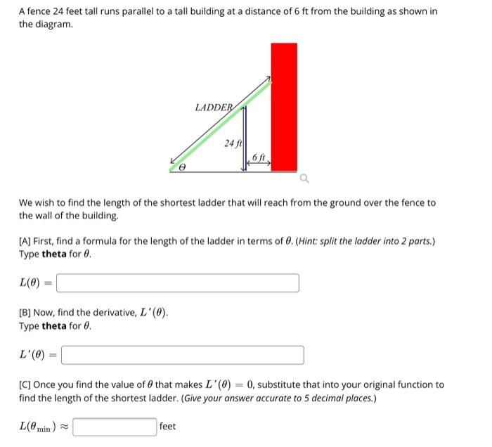 Solved A fence 24 feet tall runs parallel to a tall building | Chegg.com