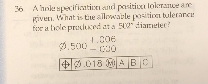 Solved 36. A hole specification and position tolerance are | Chegg.com