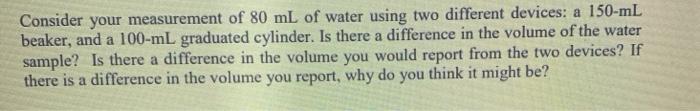 Solved Consider your measurement of 80 mL of water using two | Chegg.com