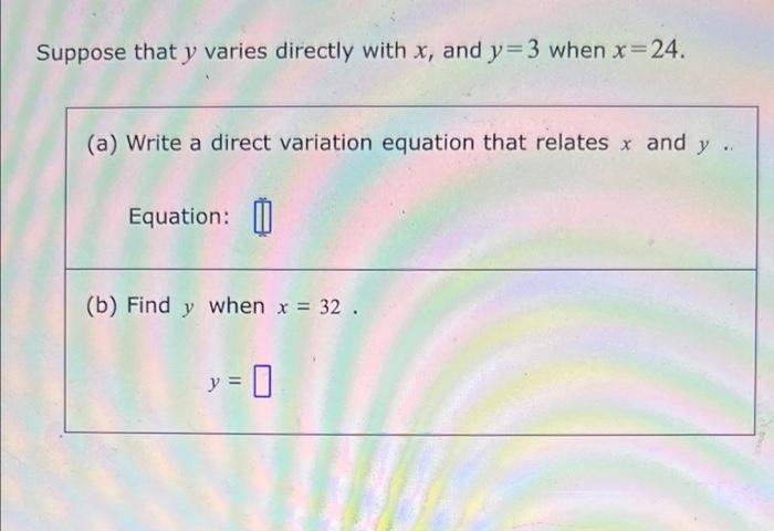 Solved Suppose that y varies directly with x, and y=3 when | Chegg.com