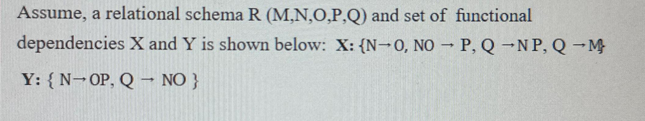 Solved Assume, a relational schema R(M,N,O,P,Q) ﻿and set of | Chegg.com