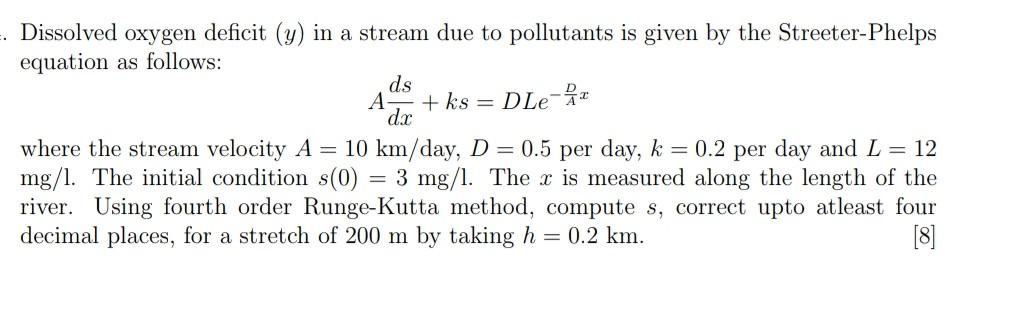 Solved Dissolved oxygen deficit (y) in a stream due to | Chegg.com