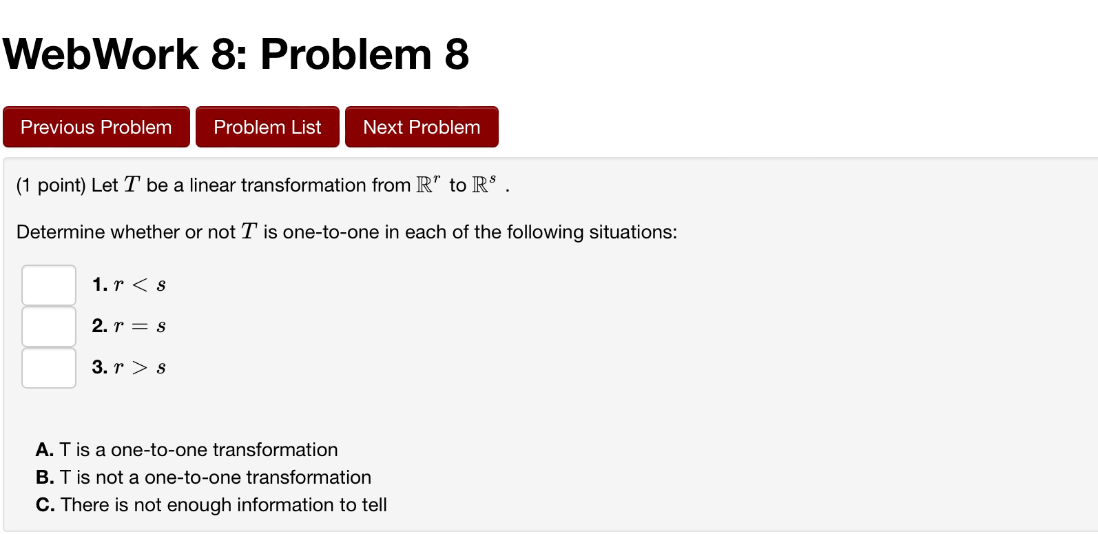 Solved WebWork 8: Problem 8(1 ﻿point) ﻿Let T ﻿be a linear | Chegg.com